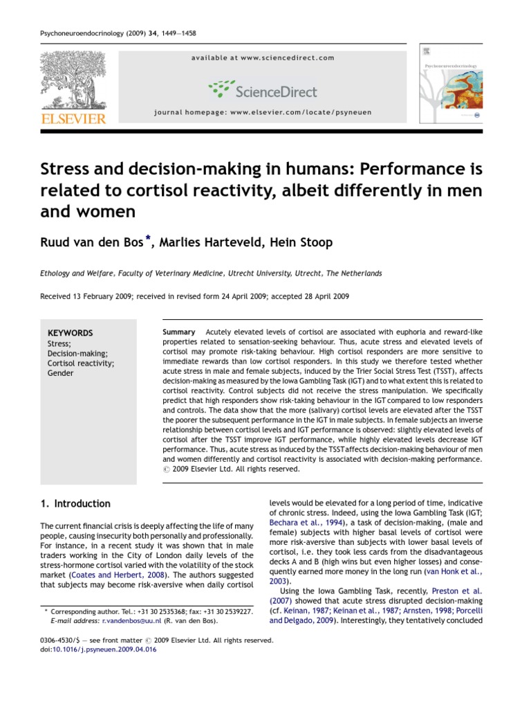 Stress and Decision-Making in Humans Performance Is Relate To Cortisol ...