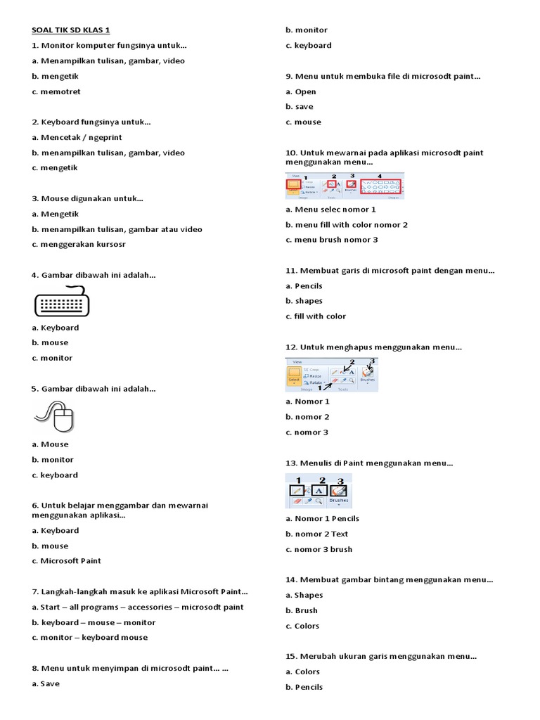 Soal Tik SD Klas 1 | PDF