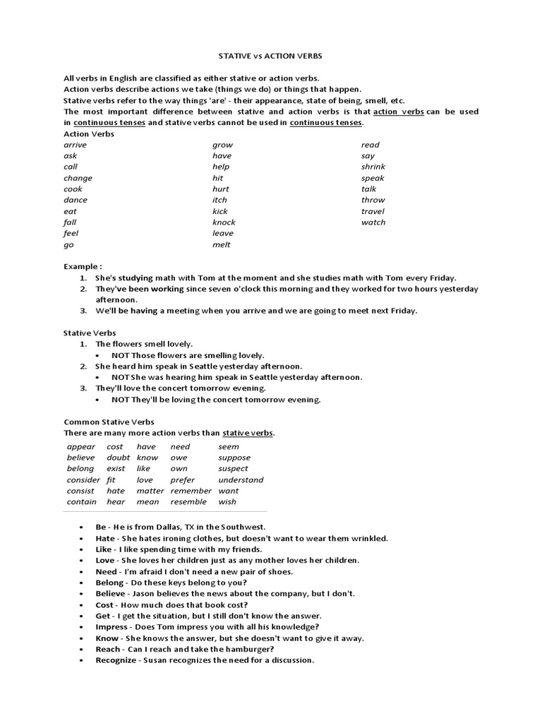 Stative Vs Action Verbs | PDF | Verb