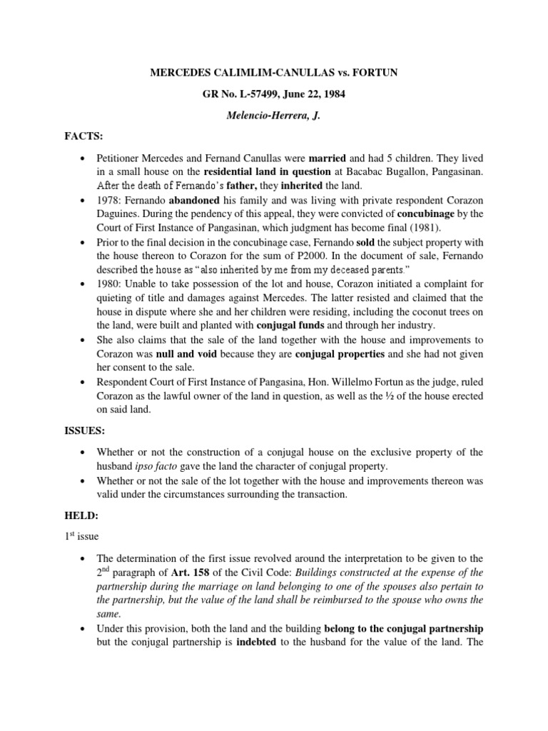 Conjugal Property Dispute: Calimlim-Canullas Case | PDF | Marriage ...