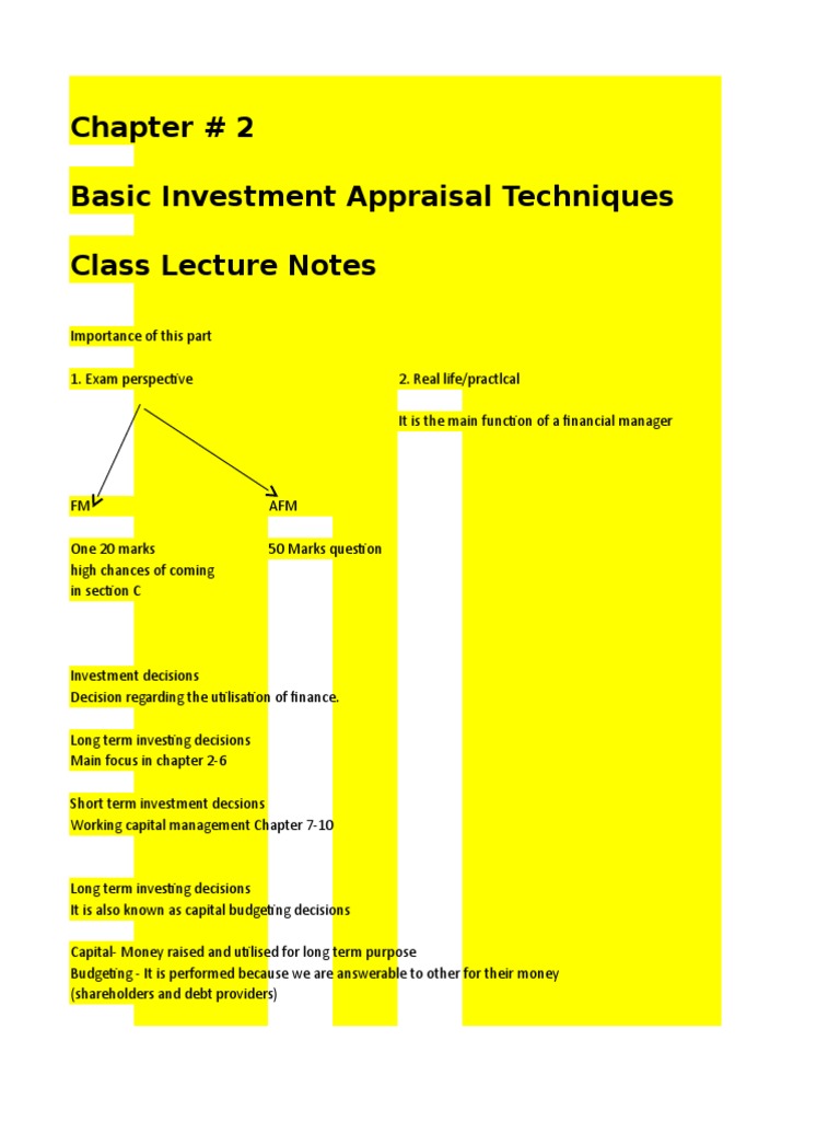 Chapter # 2 Basic Investment Appraisal Techniques Class Lecture Notes ...