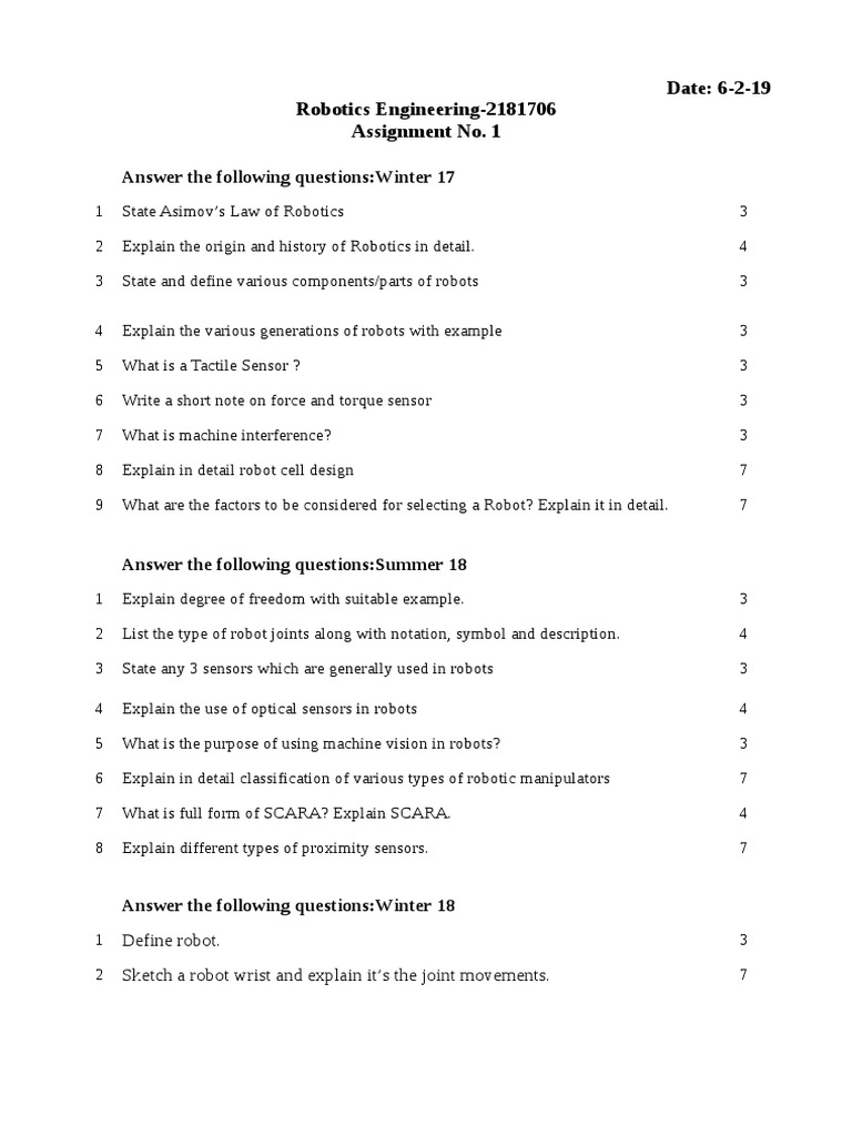 Robotics Assignment GTU Sem 8 BE Instrumentation and Control ...