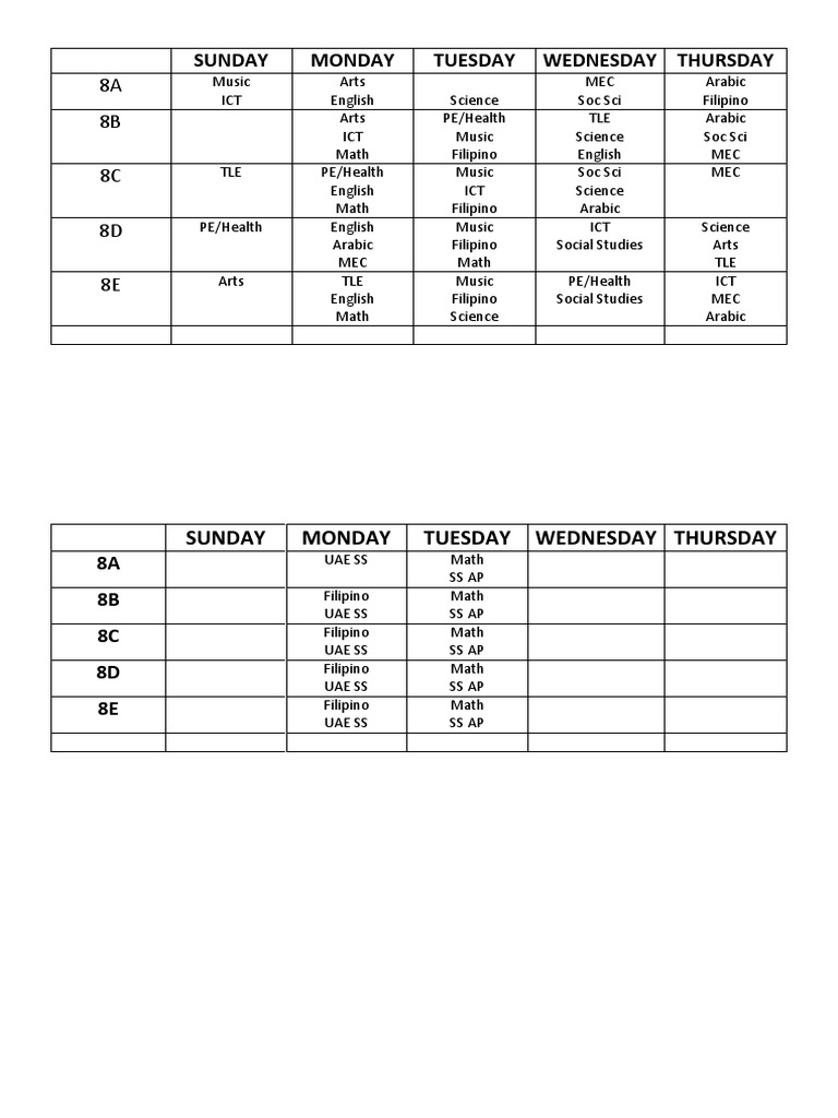 8A 8B 8C 8D 8E: Sunday Monday Tuesday Wednesday Thursday | PDF
