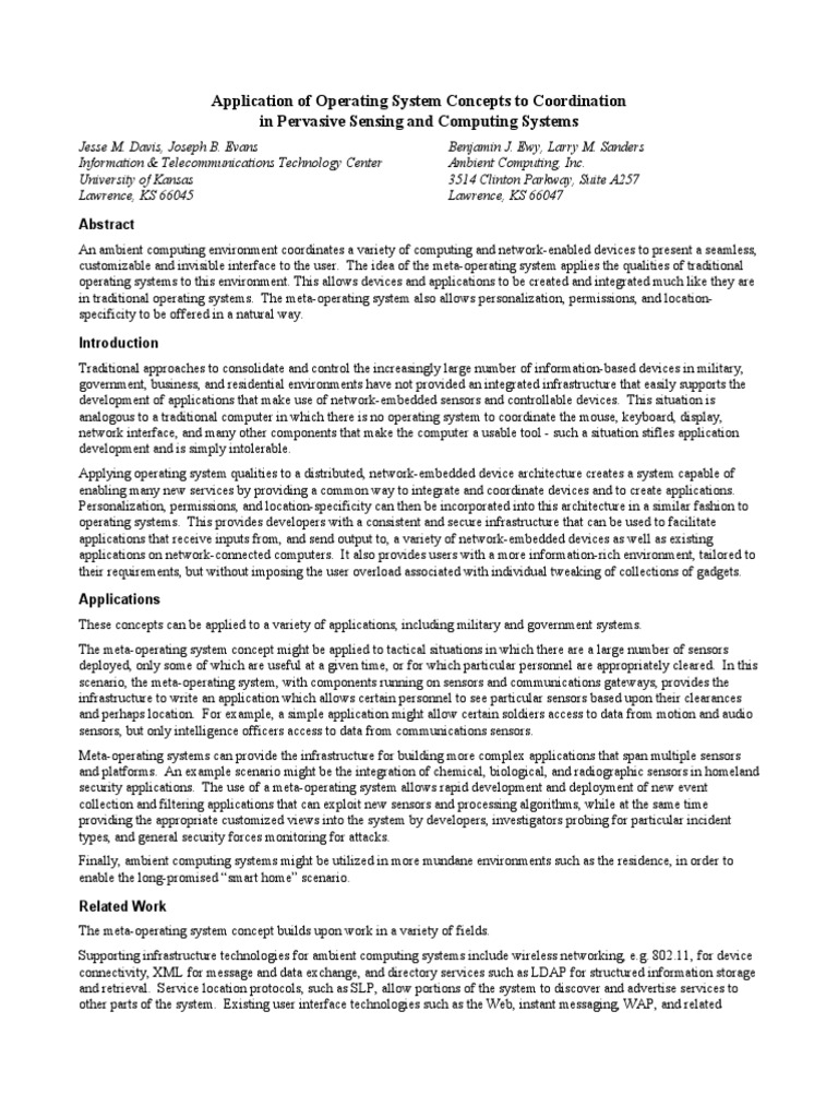 Application of Operating System Concepts To Coordination in Pervasive Sensing and Computing ...