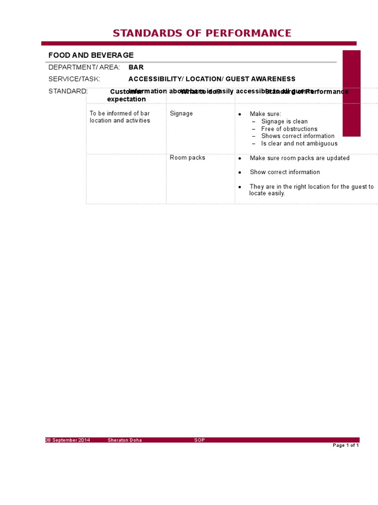 Standards of Performance: Food and Beverage | PDF