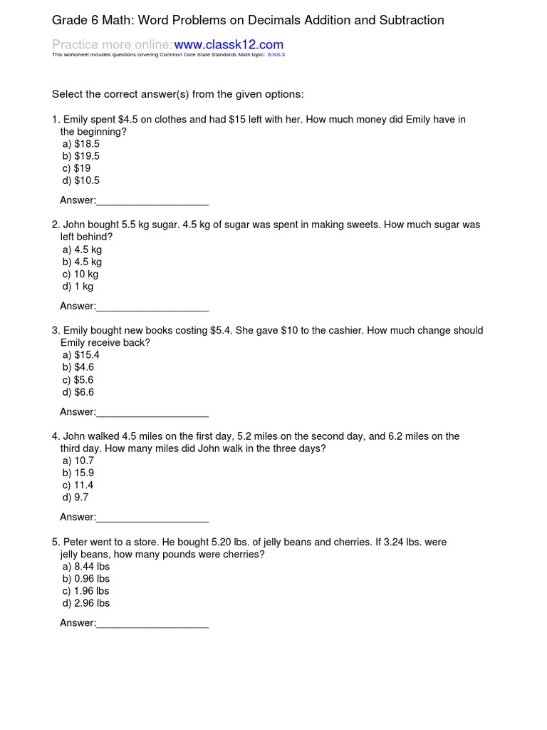Grade 6 Math Word Problems Worksheet On Word Problems On Fractions