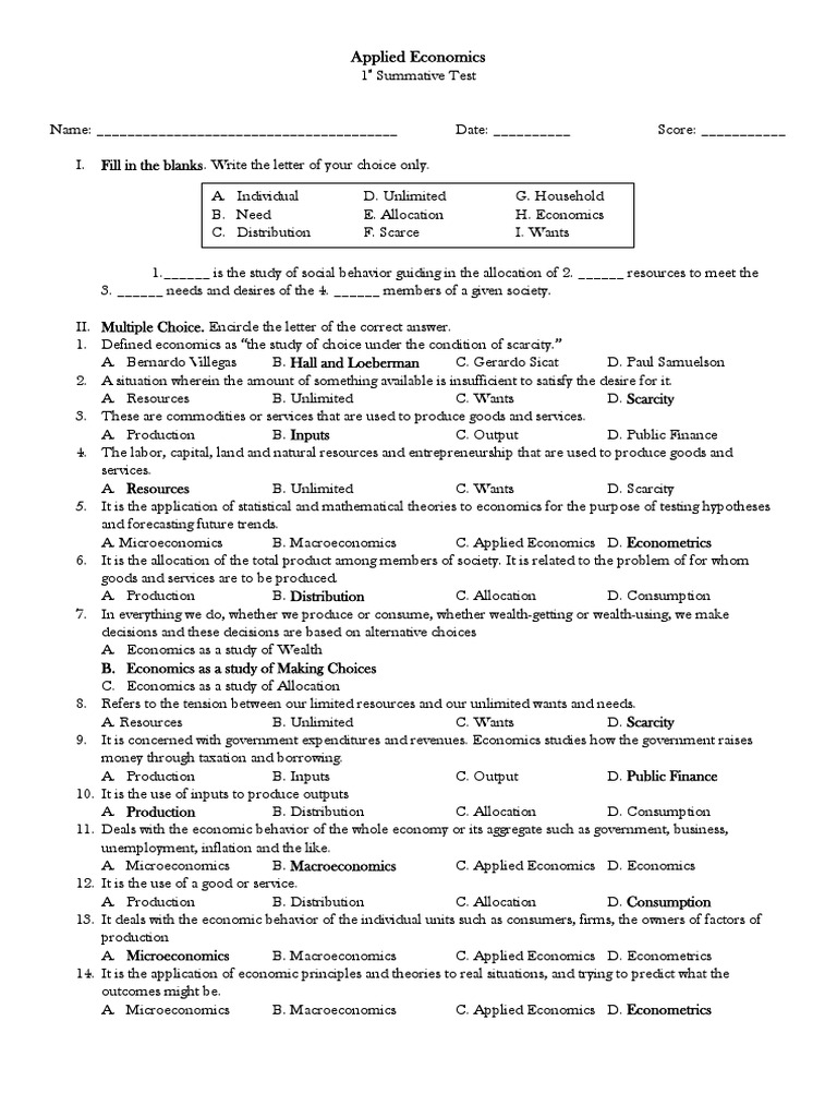 Applied Economics - First Summative Answer Key | PDF | Microeconomics ...