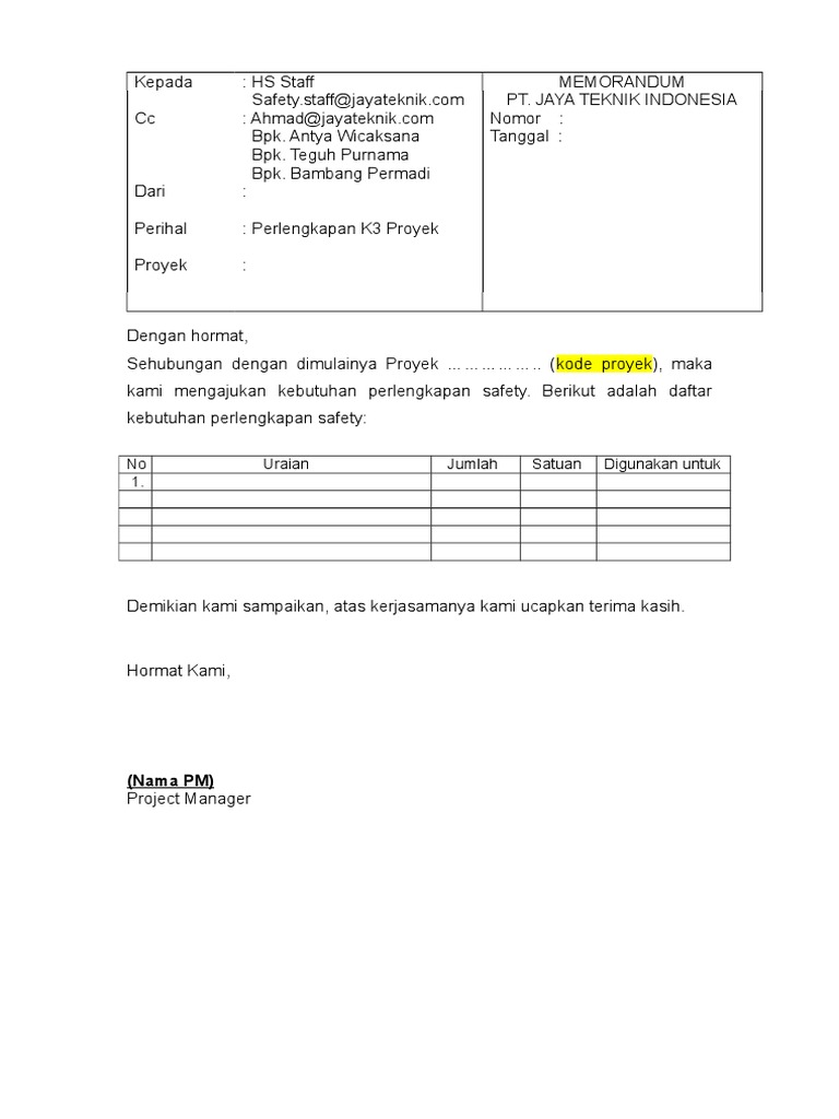 Format Memo Permintaan Kelengkapan K3 Proyek | PDF