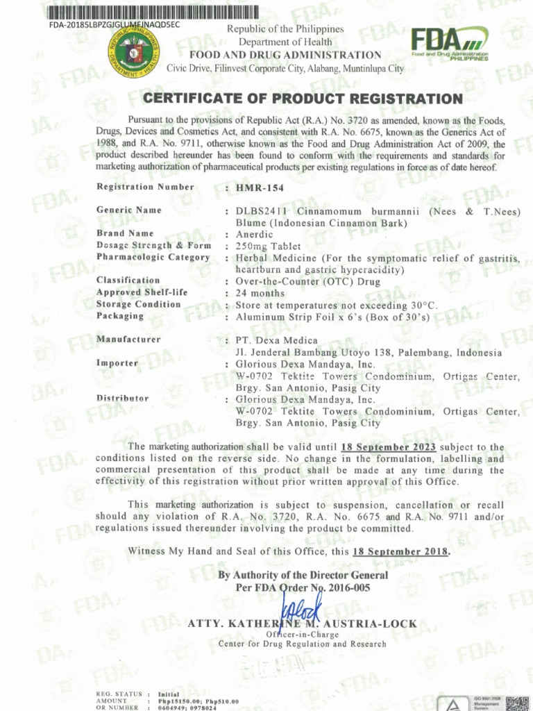 CPR - DLBS2411 - Anerdic 250 - ED 18 Sep 2023 RCVD 30 Oct 2018 With ...