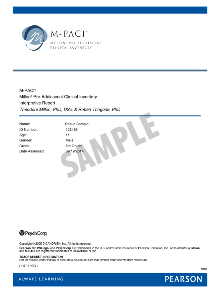 Sample: M-Paci Millon Pre-Adolescent Clinical Inventory Interpretive ...