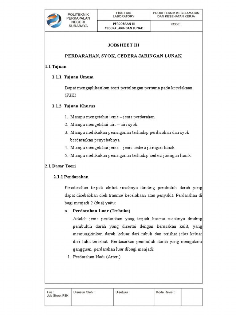 Jobsheet Iii Perdarahan, Syok, Cedera Jaringan Lunak 1.1 Tujuan 1.1.1 Tujuan Umum | PDF ...