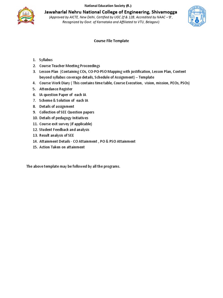 Course File Template for Engineering Programs | PDF | Art