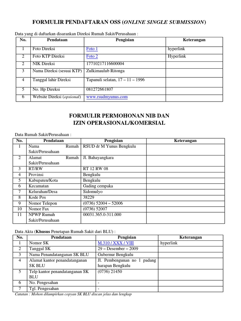 Formulir Pendaftaran Oss (Online Single Submission) : No. Pendataan ...