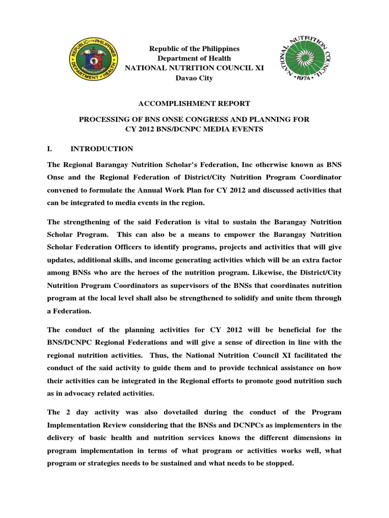 BNS - DCNPC Planning 2011 - Accomplishment Report | PDF | Identity ...