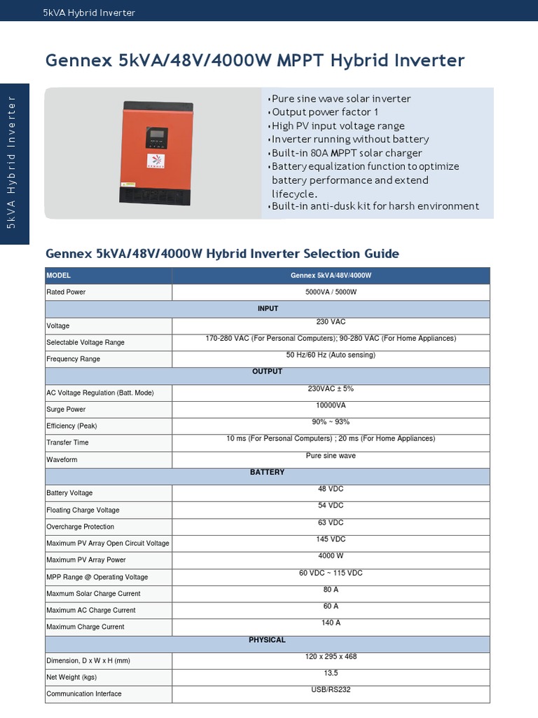 Gennex 5kVA New DataSheet | PDF | Power Inverter | Electrical Engineering