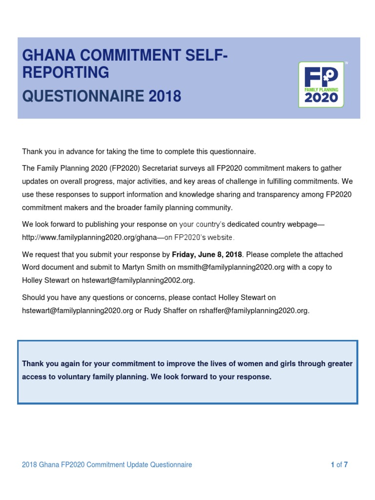 2018 Ghana FP2020 Commitment Self Reporting Questionnaire 2018 1 | PDF | Family Planning | Youth