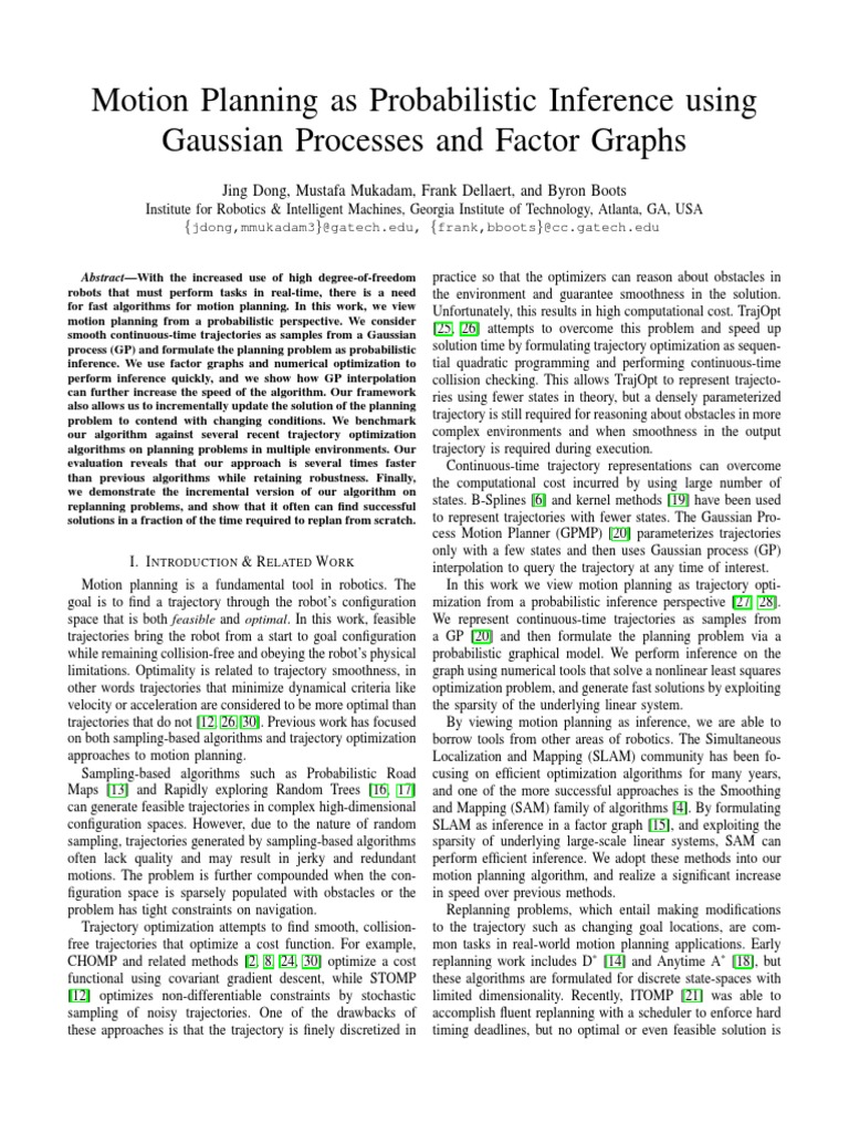 Motion Planning As Probabilistic Inference Using Gaussian Processes and Factor Graphs | PDF ...