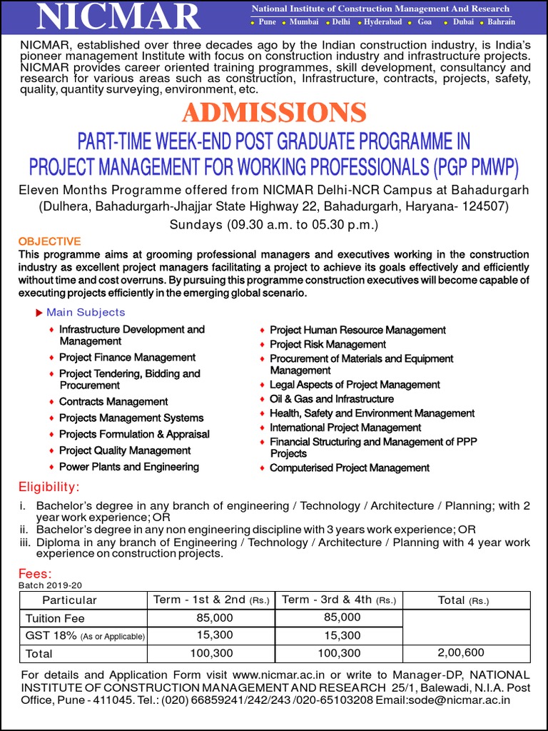 NICMAR Part-Time Project Management Program | PDF | Engineering | Economies