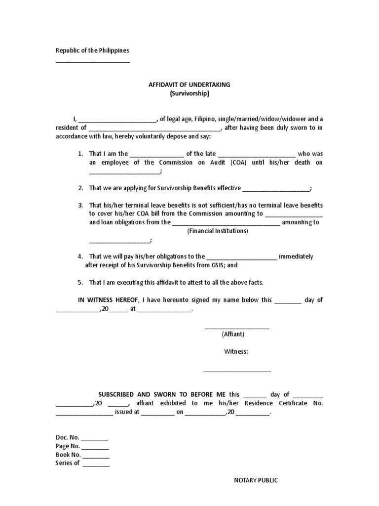 Affidavit of Undertaking Survivorship | PDF