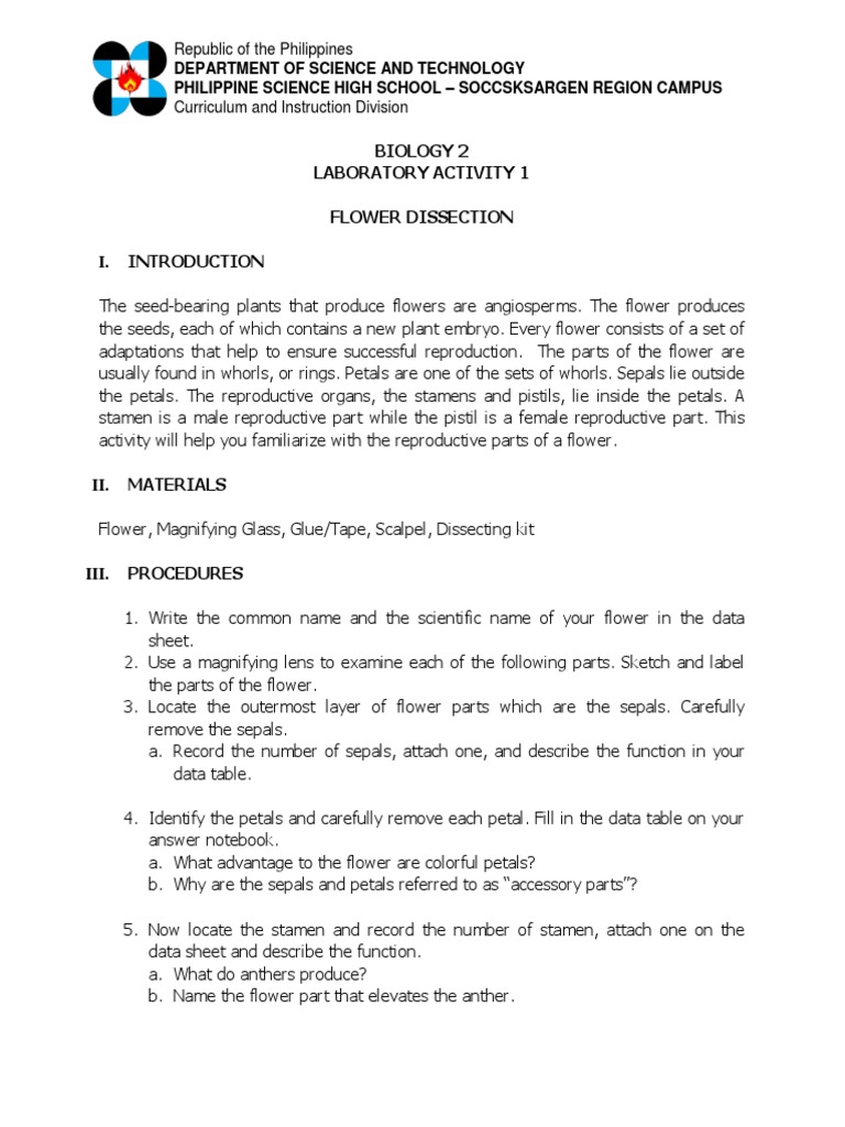 Flower Dissection Lab Guide | PDF | Flowers | Petal