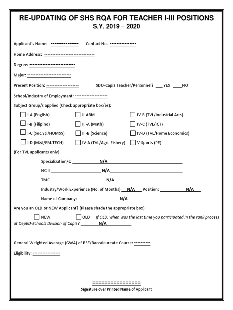 Re-Updating of Shs Rqa For Teacher I-Iii Positions | PDF