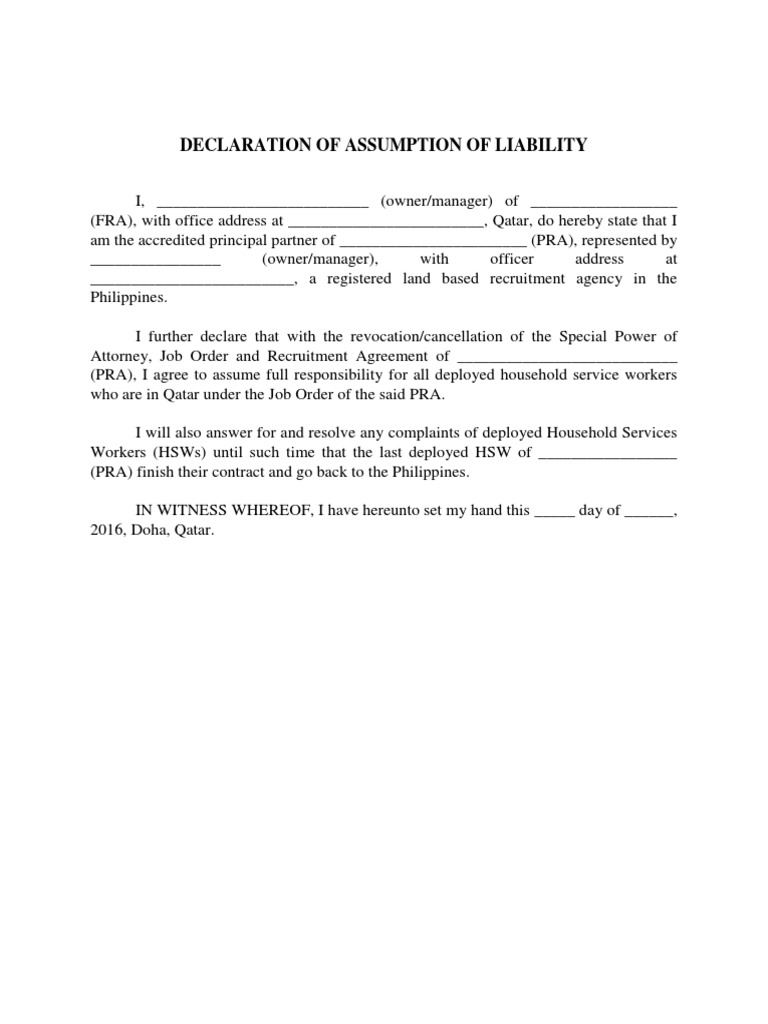 Declaration of Assumption of Liability | PDF