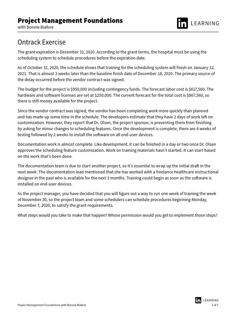 Ontrack Exercise: Project Management Foundations | PDF