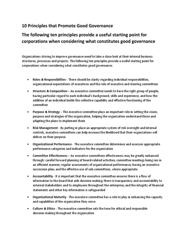 10 Principles Promote Good Governance | PDF | Corporate Governance | Goal