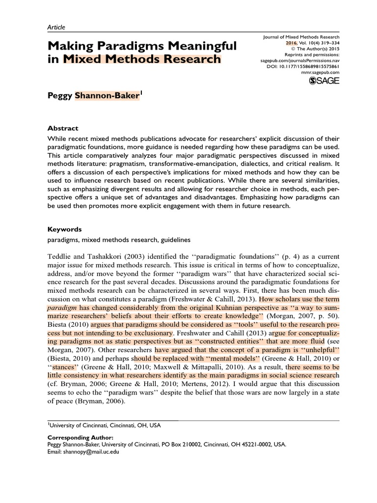 Shannon-Baker (2016) Making Paradigms Meaningful in Mixed Method ... Shannon-Baker (2016) Making Paradigms Meaningful in Mixed Method ...
