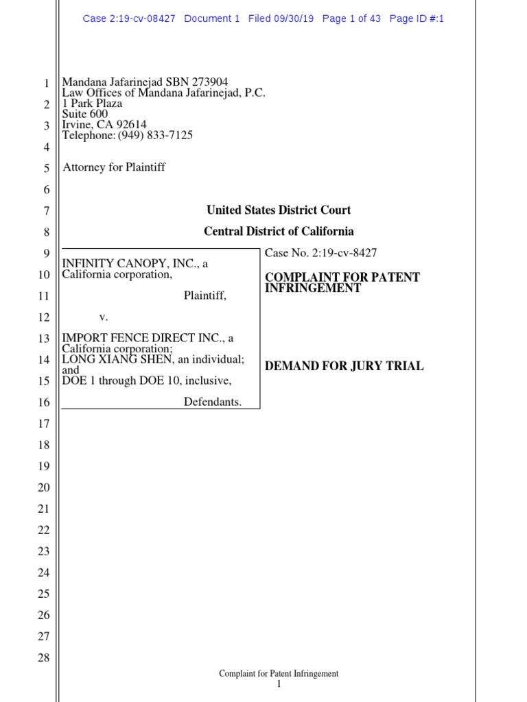 Patent Infringement Complaint | PDF | Doctrine Of Equivalents | Patent Infringement