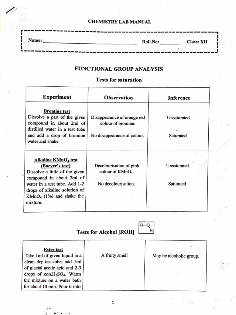 Functional Group Analysis Tests For Saturation: Chemistry Lab Manual ...