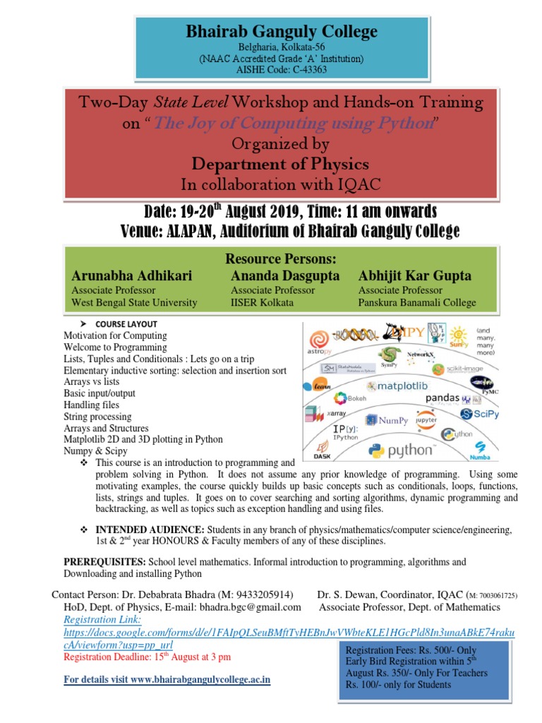 Two Day State Level Workshop On The Joy Of Computing Using Python An Introduction To