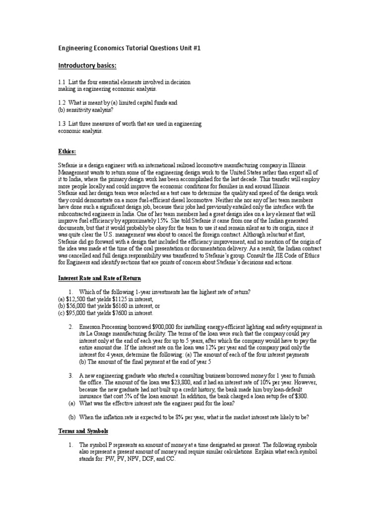 Engineering Economics Tutorial Questions Unit | PDF | Interest | Loans