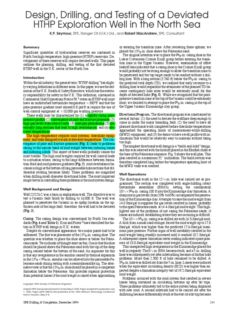 HPHT Well Design-Seymour1994 | PDF | Oil Well | Drilling Rig
