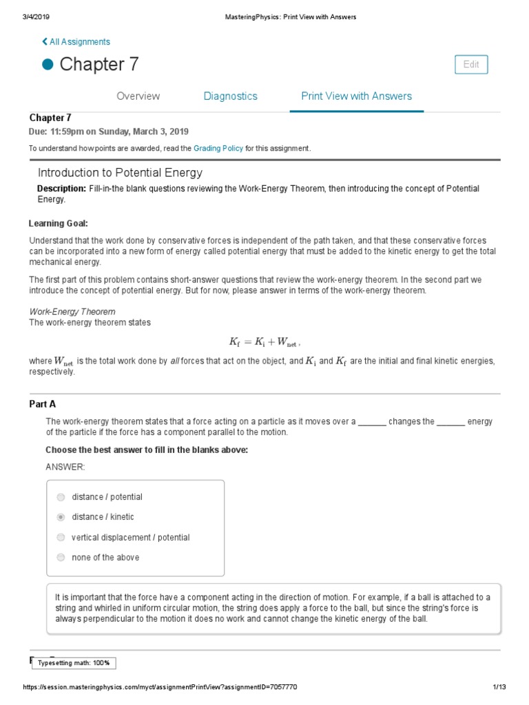 Introduction To Potential Energy: Diagnostics Print View With Answers ...