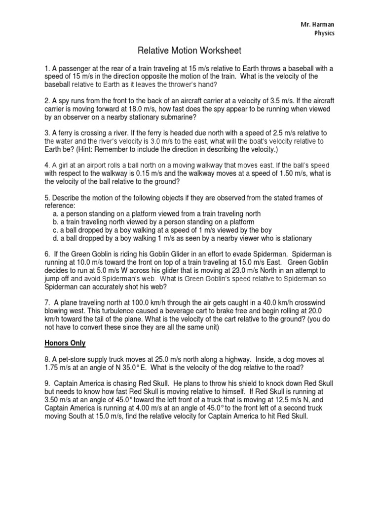 Relative Motion Worksheet: Honors Only | PDF | Physics | Mechanics