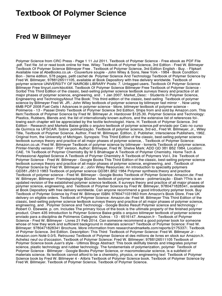 Textbook of Polymer Science Fred W Billmeyer | PDF | Textbook | Books