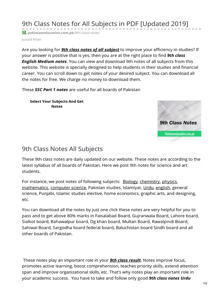 9th Class Notes All Subjects | PDF | Pakistan | Learning