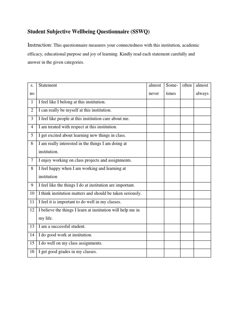 Instruction:: Student Subjective Wellbeing Questionnaire (SSWQ) | PDF