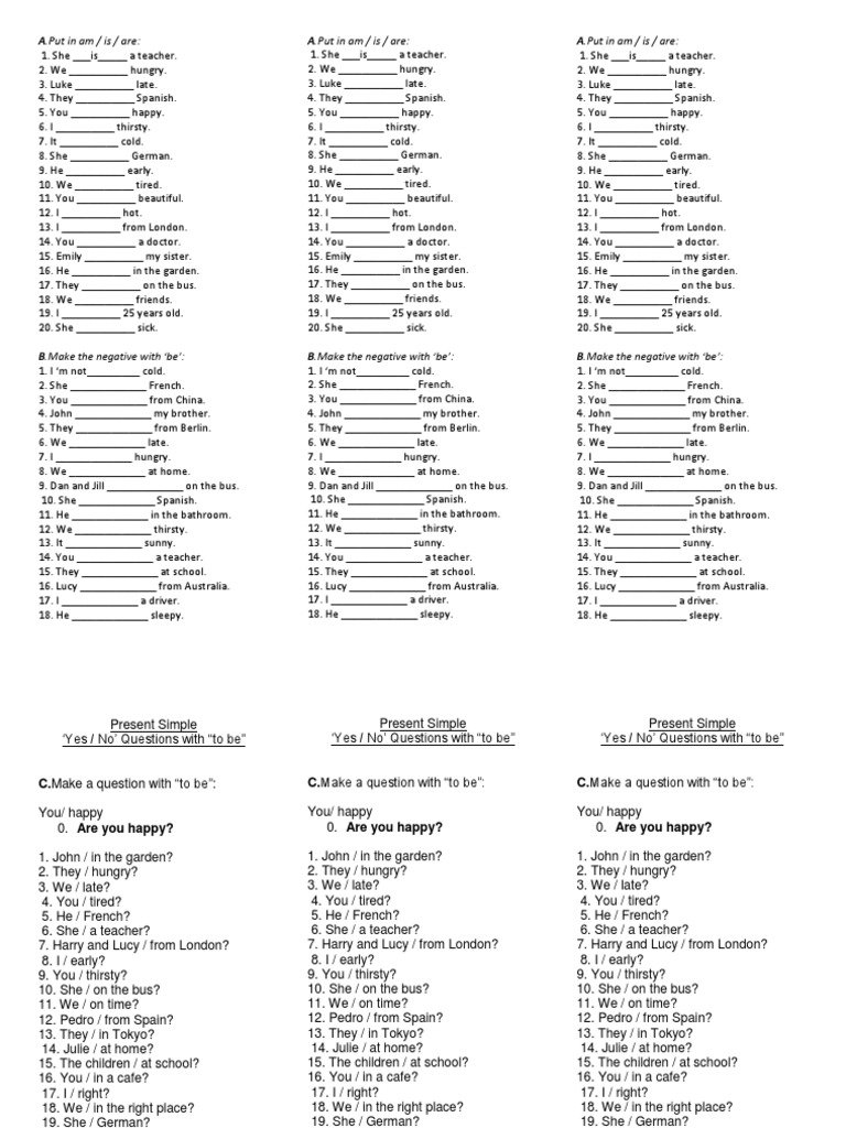 Present Simple Tense Exercises: Am/Is/Are, Questions, and Negatives | PDF