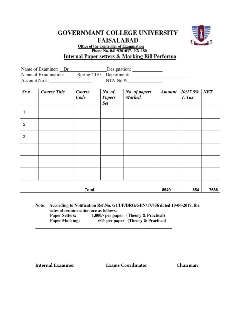 Internal Paper Setters and Marking Bill Performa | PDF