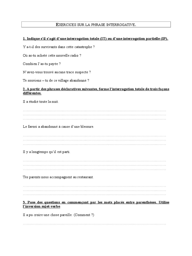Exercices Sur La Phrase Interrogative 2 | PDF | Jeux et activités ...