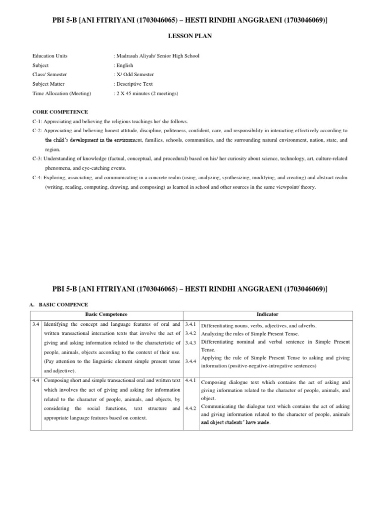 Lesson Plan Descriptive Text Senior High School | PDF | Question | Verb