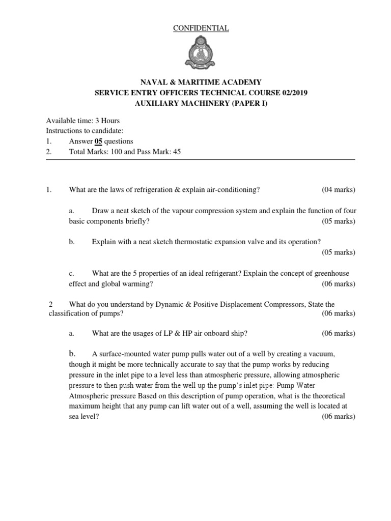 Marine Engineering Auxiliary Machinery Exam | PDF | Air Conditioning ...