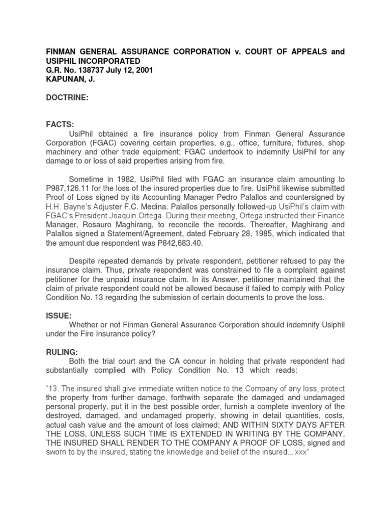 Finman General Assurance Corporation V Usiphil | PDF | Insurance Policy ... Finman General Assurance Corporation V Usiphil | PDF | Insurance Policy ...