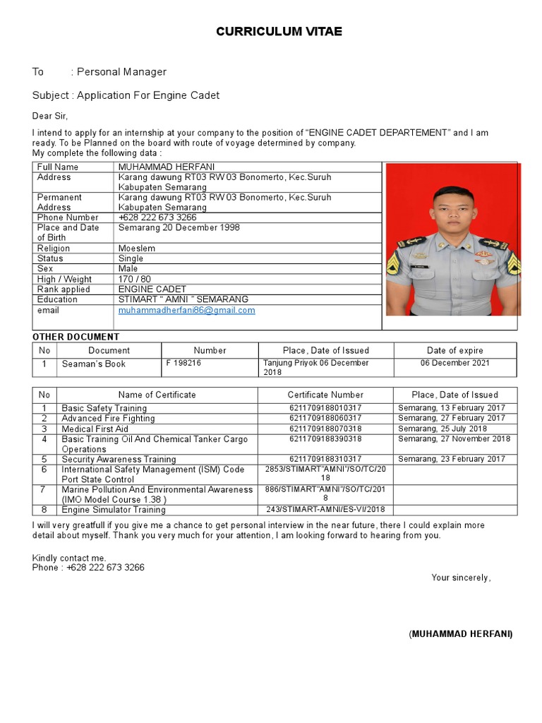 Curriculum Vitae: To: Personal Manager Subject: Application For Engine ...