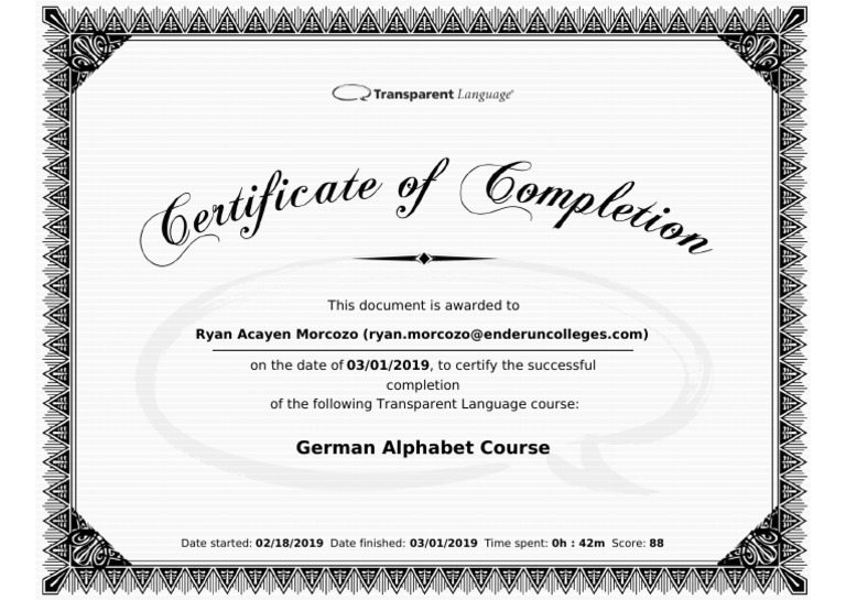 German Alphabet Course Completion Certificate | PDF | Language Arts ...