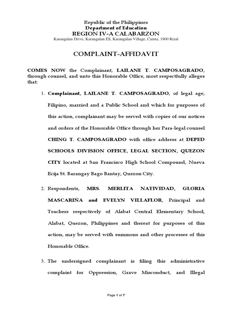 Complaint Against School Officials | PDF | Government | Justice