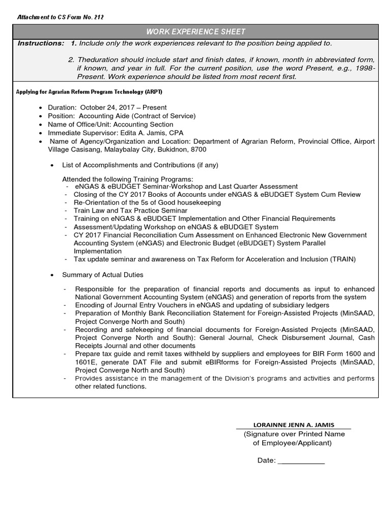CS Form No. 212-Work Experience Sheet | PDF | Accounting | Budget