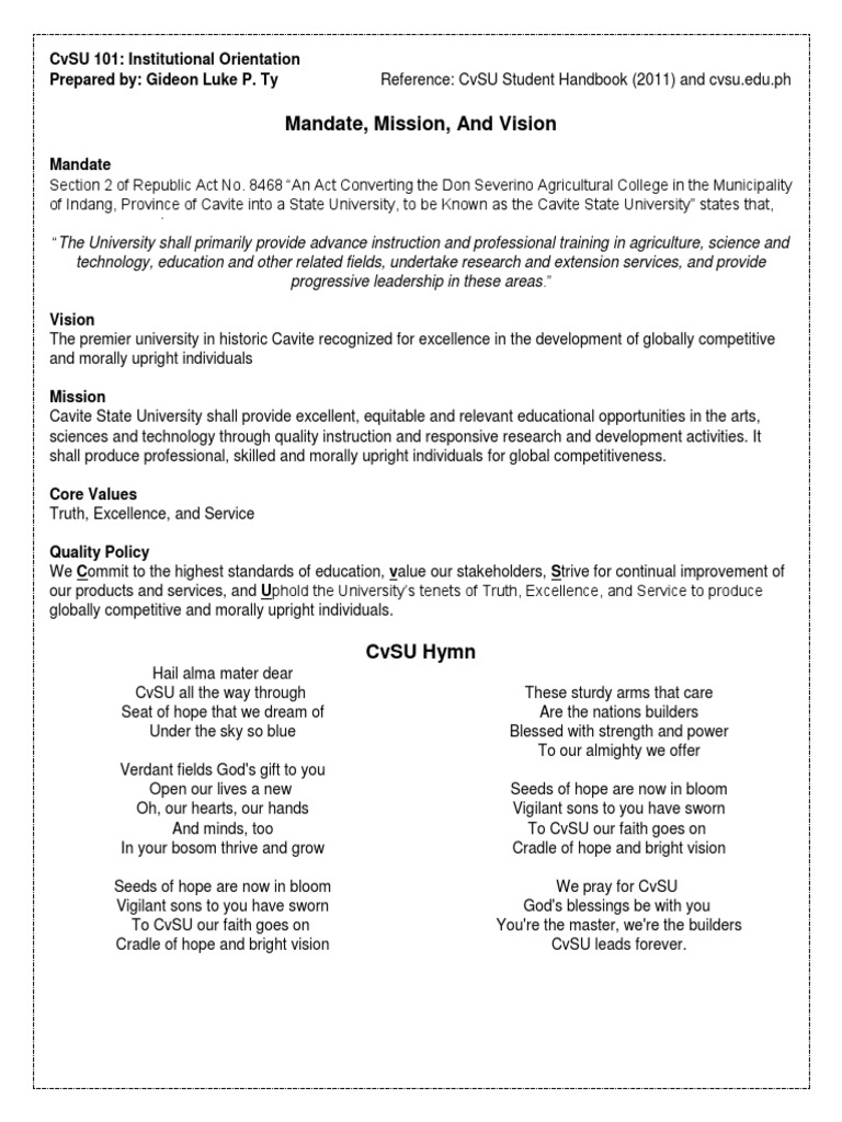 HANDOUT 1 Mandate Mission and Vision With CvSU Hymn | PDF | Behavior ...
